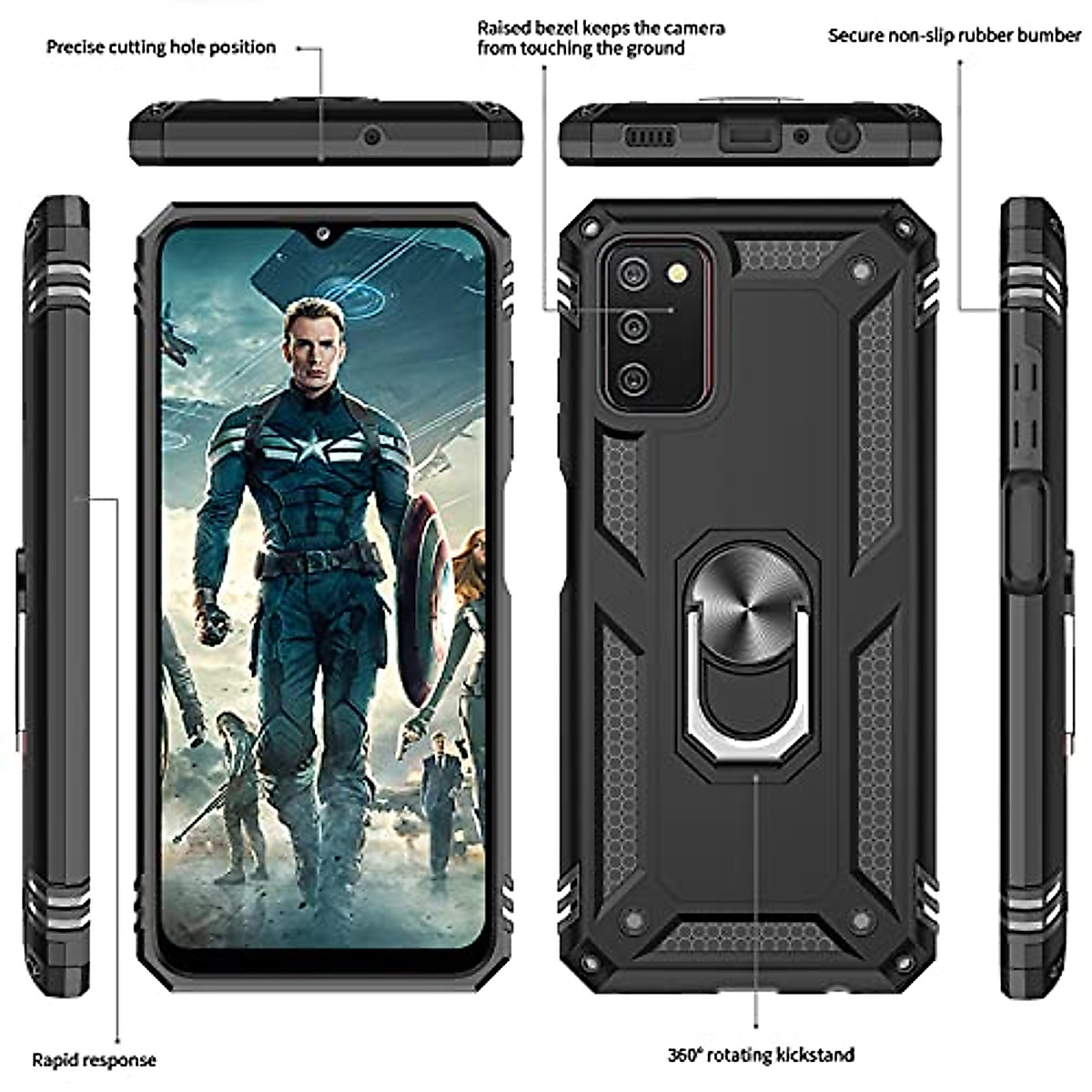 LeYi for Samsung Galaxy A03S Phone Case, Samsung AO3S Case with [2 Pack] Screen Protector, [Military-Grade] Magnetic Ring Kickstand Protective Phone Case for Galaxy A03S (6.5 Inch), Black