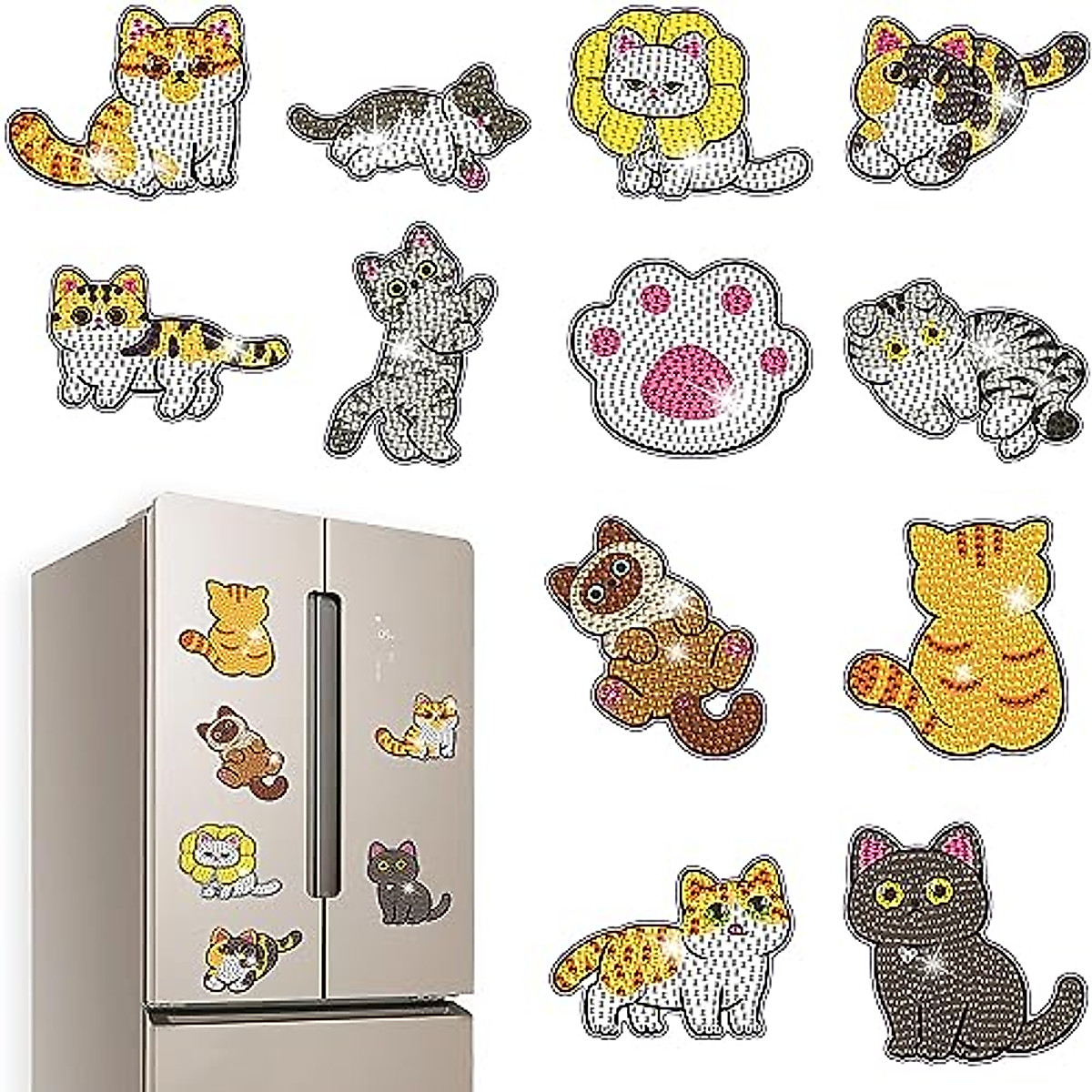 Vcekract 12 PCS Diamond Painting Refrigerator Magnets, Cat Diamond Painting Kits for Adults, Diamond Art Kits for Home Decor, Small Diamond Art Crafts