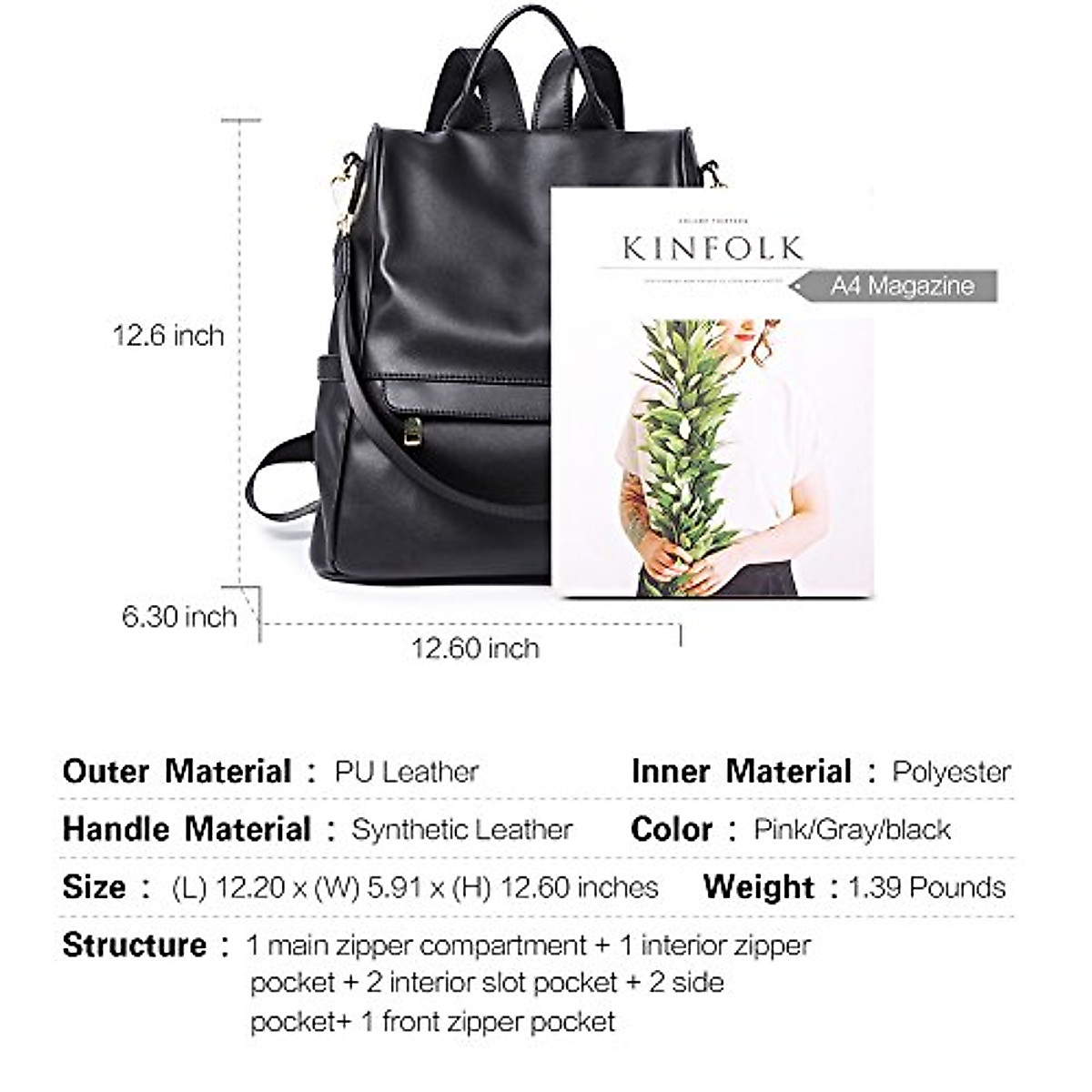 Womens Backpacks Purse Fashion PU Leather Anti-theft Large Travel Bag Ladies Shoulder School Bags black