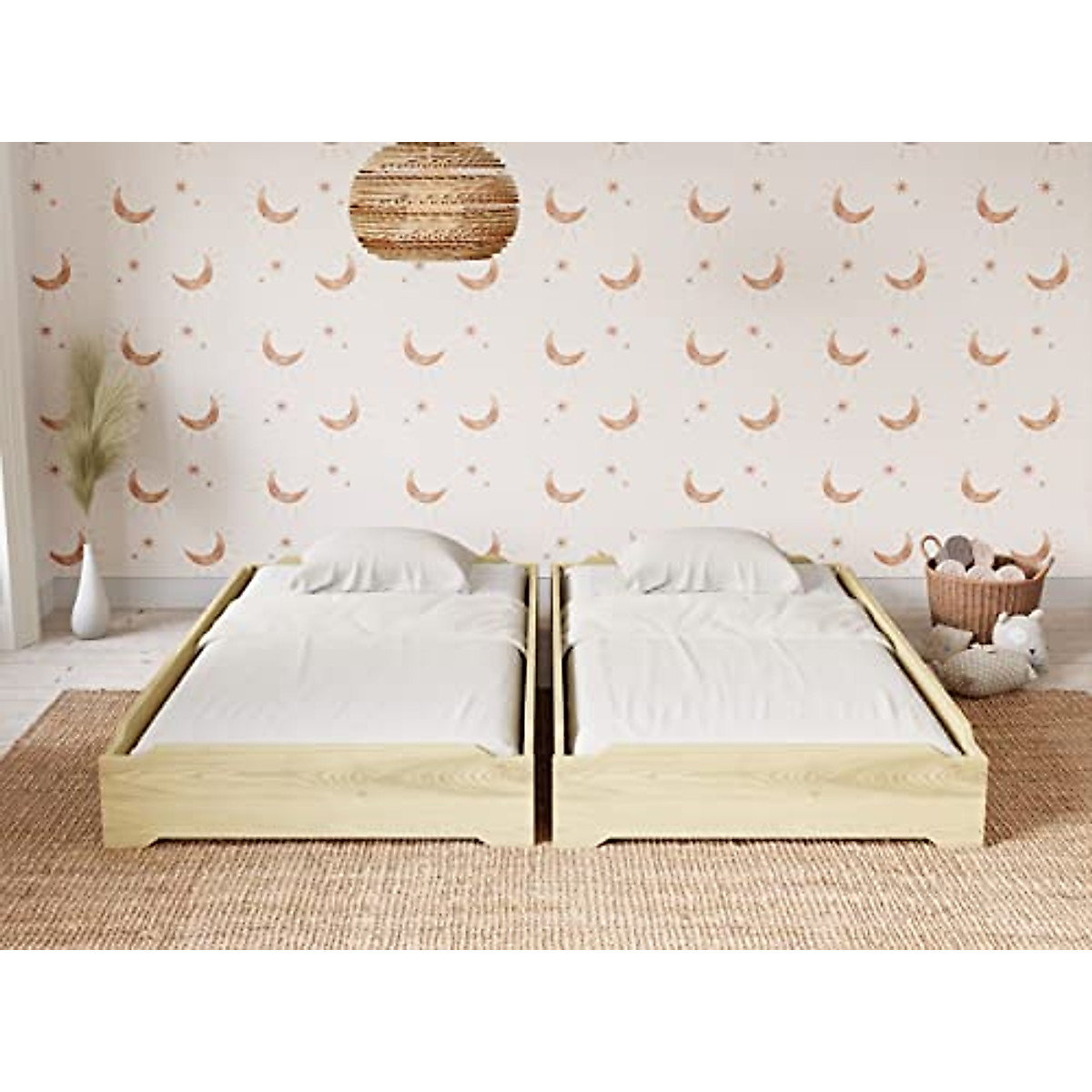 Stackable Beds - Set of Two - Twin Over Twin Wooden Bed Floorbed Frame Unfinished -Easy to Assemble Solid Pine Wooden Bed Frame
