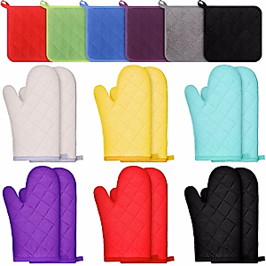 Zubebe 12 Pcs Oven Mitts and Pot Holders Multicolor Sets 6 Pair Heat Resistant Cotton Oven Gloves Extra Thicken Long Kitchen Gloves 6 Terry Cloth Pot Holders Oven Hot Pads for Cooking Baking Grilling