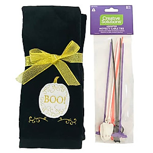 Halloween Fingertip Towels: Plush Black Towels with Embroidered White Pumpkin Boo Design, 2 Piece Set, 11" x 18" Inch (Boo)
