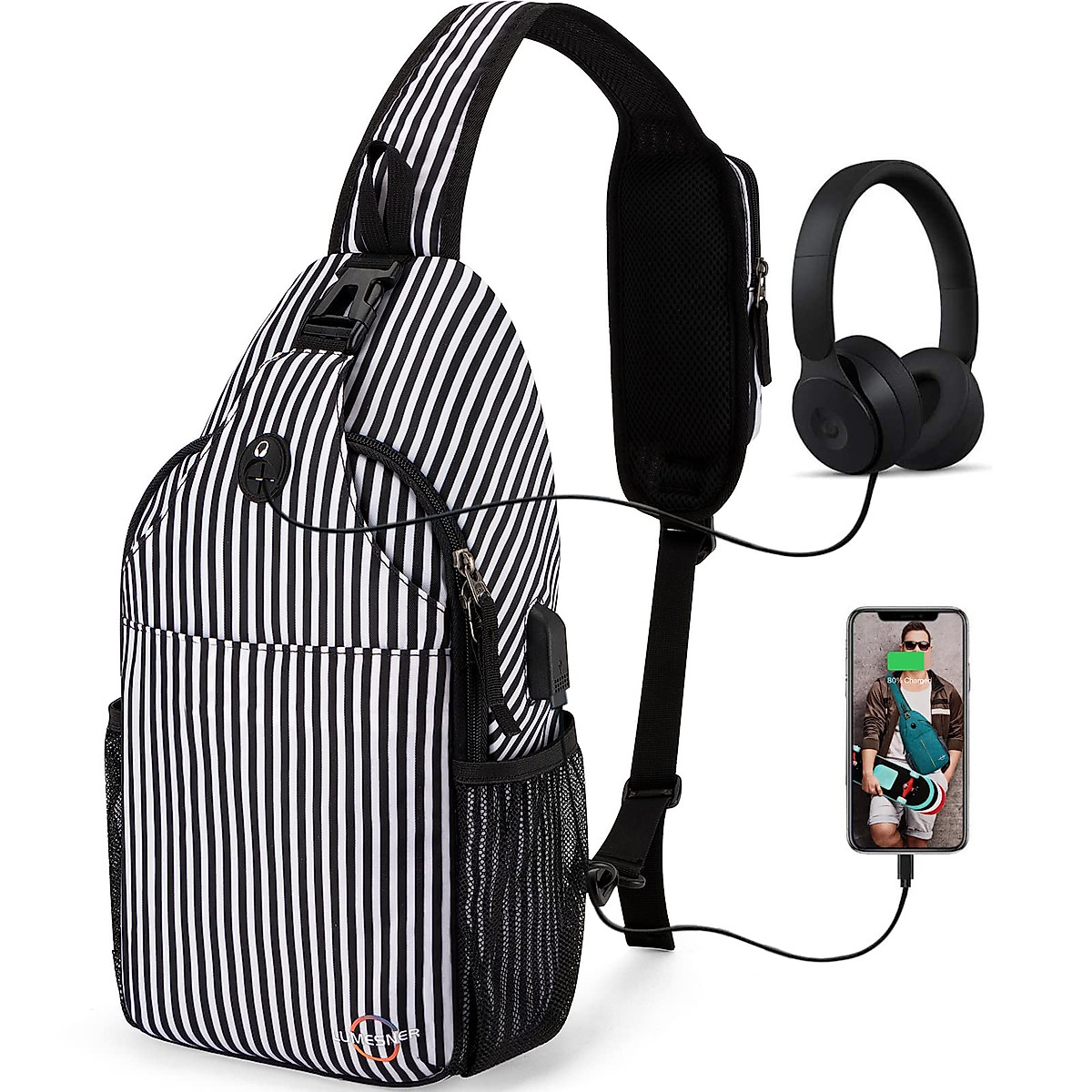 Lumesner Sling Bag Crossbody Sling Backpack with USB Charging Port,Water Resistant Shoulder Bag for Men Women,Lightweight One Strap Backpack Chest bag for Hiking,Cycling,Biking