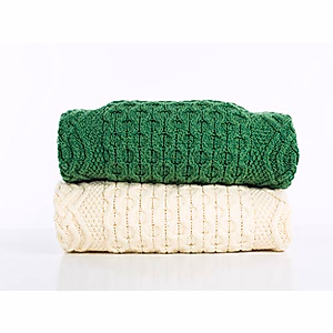 SAOL Honeycomb and Cable Knit Patterns 100% Irish Merino Wool Aran Throw/Blanket 60 x 40 inches (Green)
