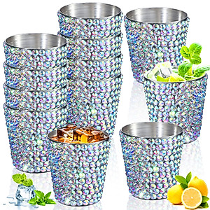 Tioncy 12 Pack 1 oz Rhinestone Stainless Steel Shot Glasses Bling Mini Cup Small Glitter Cups Metal Drinking Cups Adult Pint Cup Barware Drinking Vessel for Whiskey Women Birthday Gift (White Style)