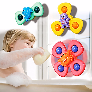 Chylldem Spinning Top Toys with New Upgrade Suction Cup for 6+ Month Boys and Girls, Baby Rattle Toy Set and Gifts for Babies, Crab, Turtle, Dolphin - 3 Count (Pack of 1)