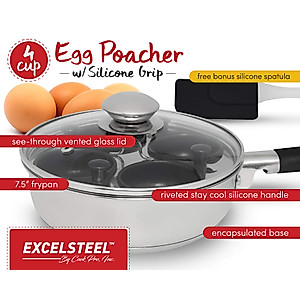 Excelsteel 18/10 Stainless Steel 4 Cup Egg Poacher, Non Stick Easy Use Rust Resistant Home Kitchen Breakfast Brunch Induction Cooktop Ready