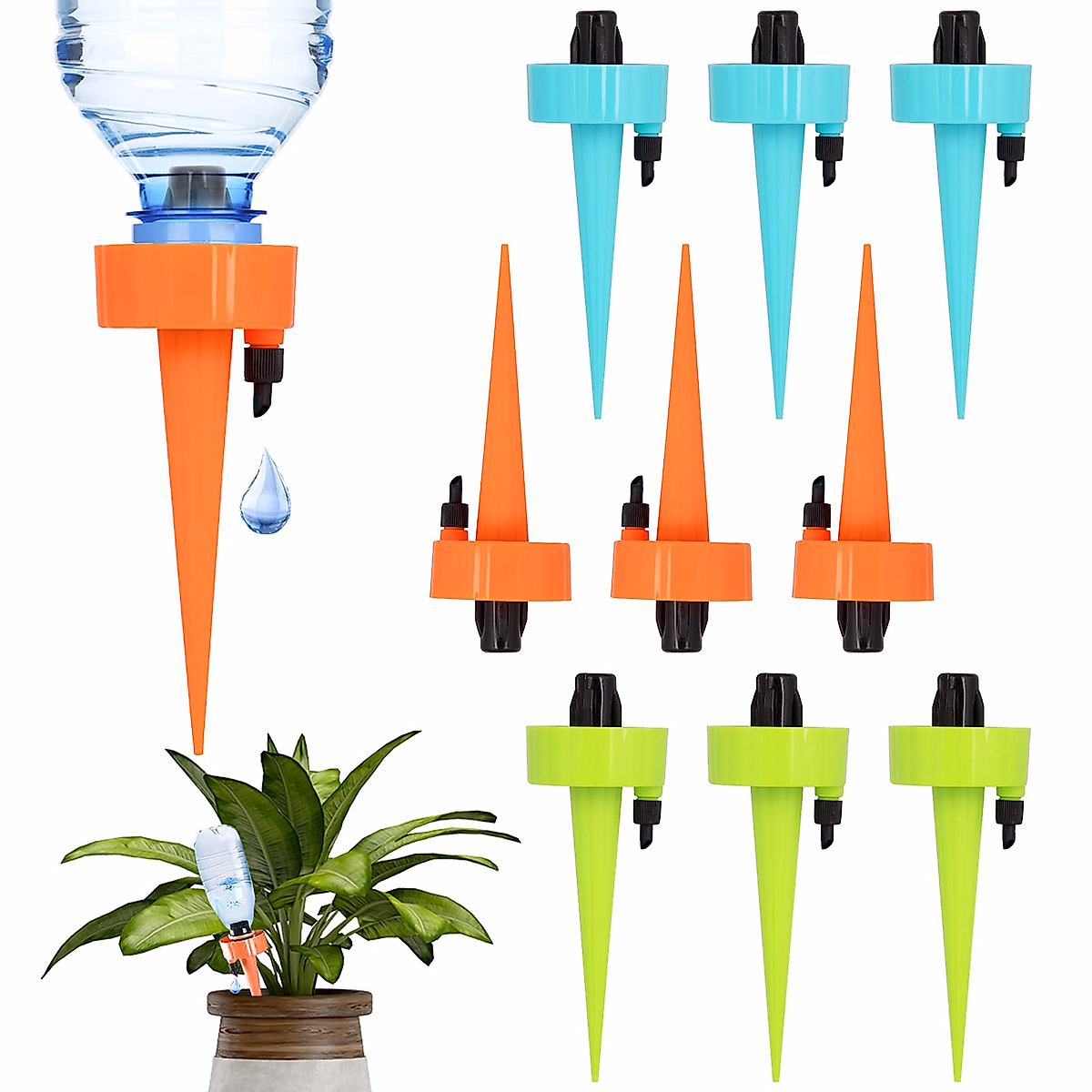 Kingwora Plant Self Watering Devices - 9 Pack Automatic Irrigation Equipment Plant Water with Slow Release Control Valve, Adjustable Water Volume Drip System for Home and Vacation Plant Watering