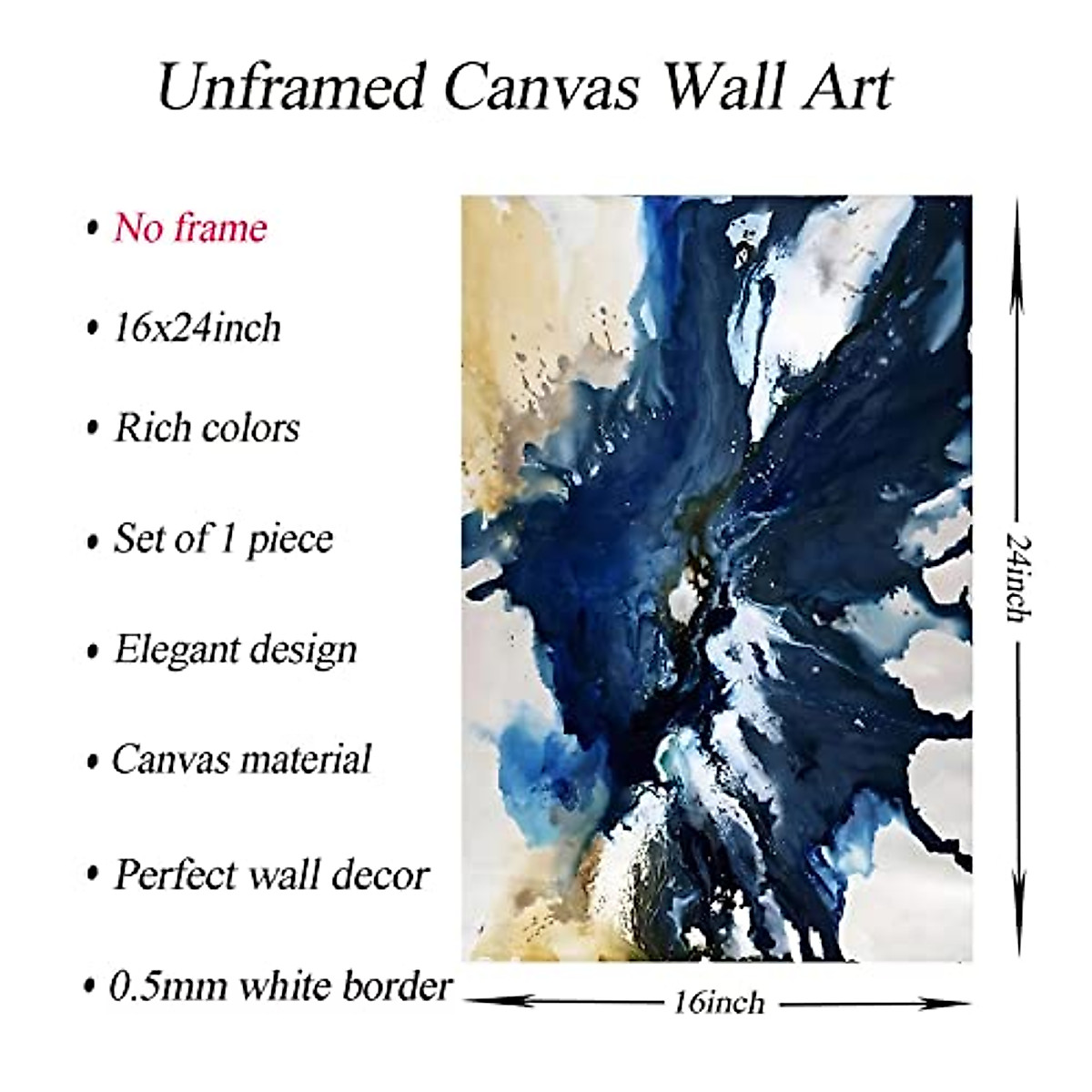 Navy Blue and Gold Paintings Blue White and Gold Canvas Wall Art Modern Navy Blue Art Abstract Blue Watercolor Painting Dark Blue Abstract Art Print Blue White Yellow Modern Artwork 16x24inch No Frame