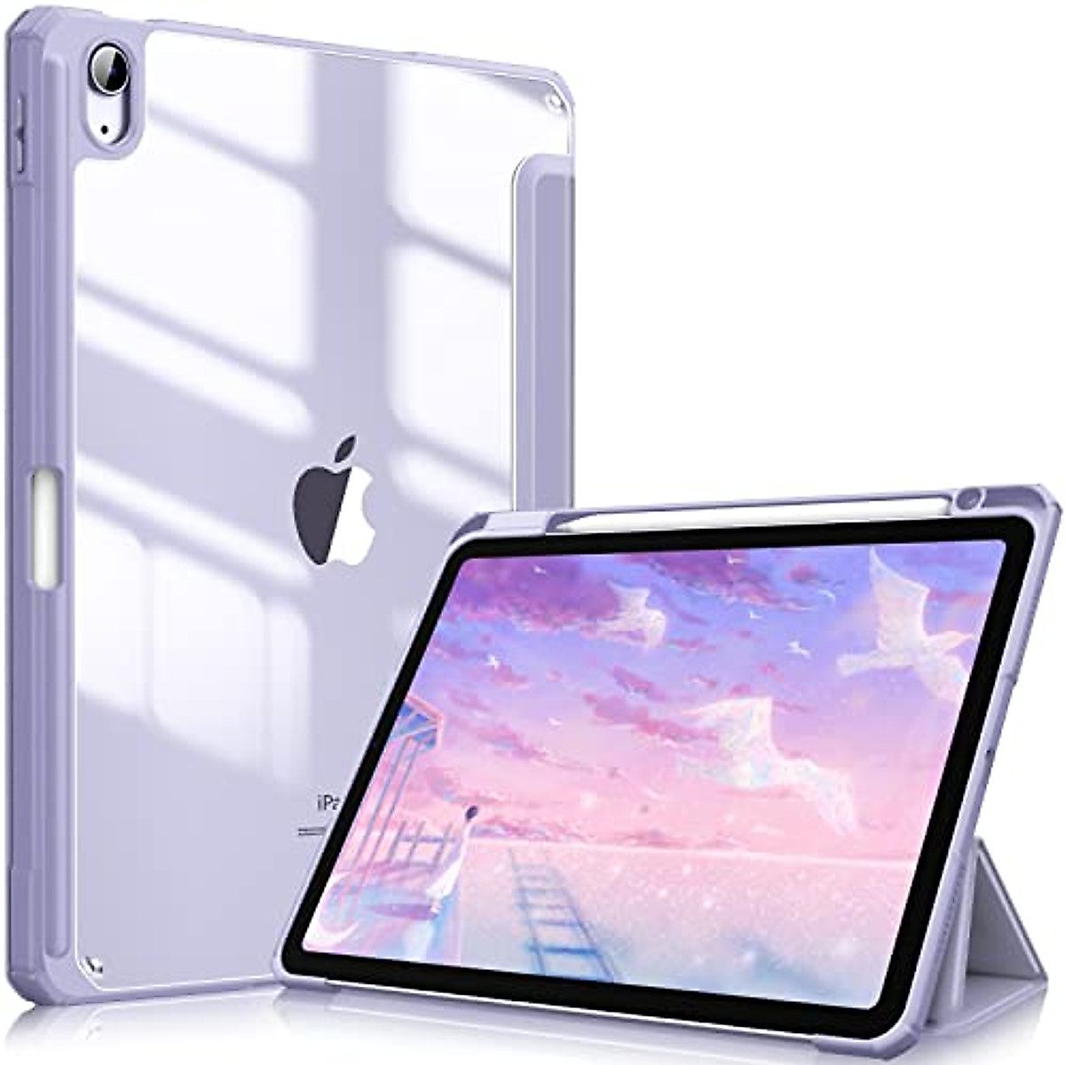 Fintie Hybrid Slim Case for iPad Air 5th Generation (2022) / iPad Air 4th Generation (2020) 10.9 Inch - [Built-in Pencil Holder] Shockproof Cover with Clear Transparent Back Shell, Lilac Purple