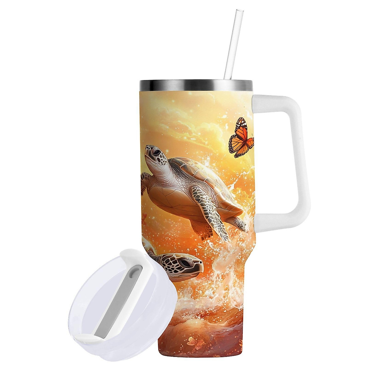 Slewiaeky Tumbler with Handle 40 oz Funny Ocean Turtle Travel Mug with Lid and Straw Butterfly Stainless Steel Vacuum Insulated Water Bottle Cup for Iced Tea Coffee Cold Beverages Cup Holder Friendly