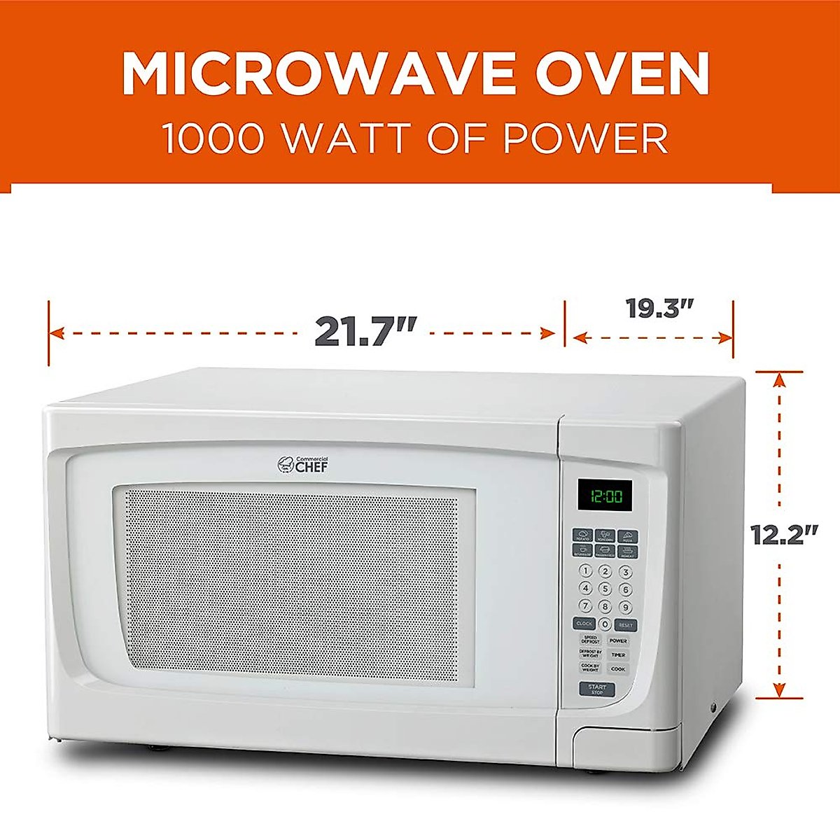 COMMERCIAL CHEF 1.6 Cubic Foot Microwave with 10 Power Levels, Small Microwave with Push Button, 1000 Watt Microwave with Digital Control Panels, Countertop Microwave with Timer, White