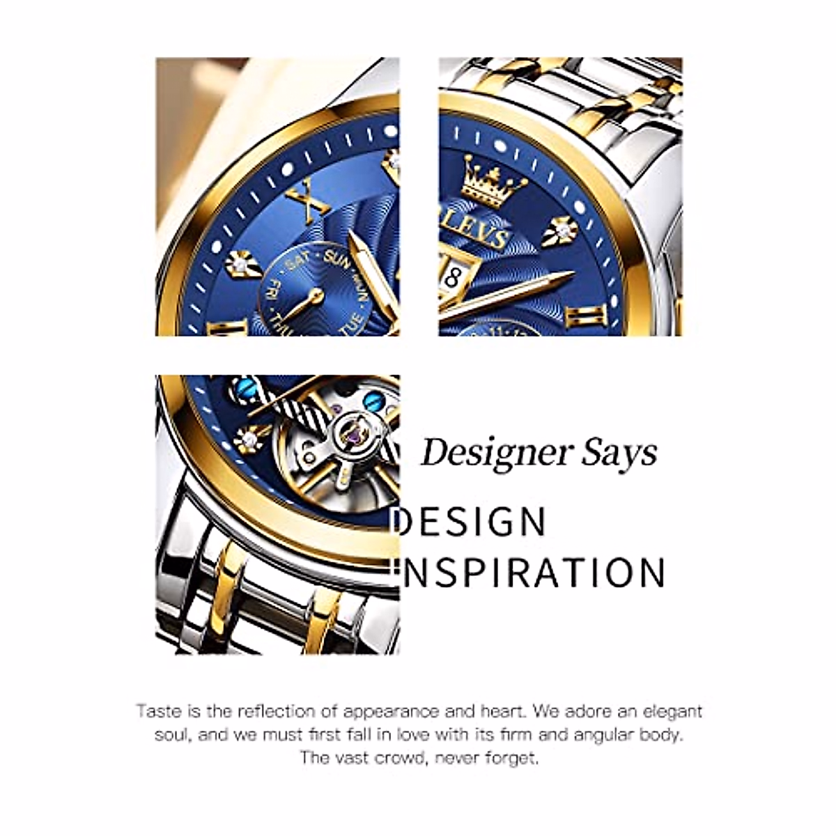 OLEVS Men Automatic Watch Skeleton 5 Hands Mechanical Blue Classic Luxury Multi Calendar Stainless Steel Waterproof Wrist for