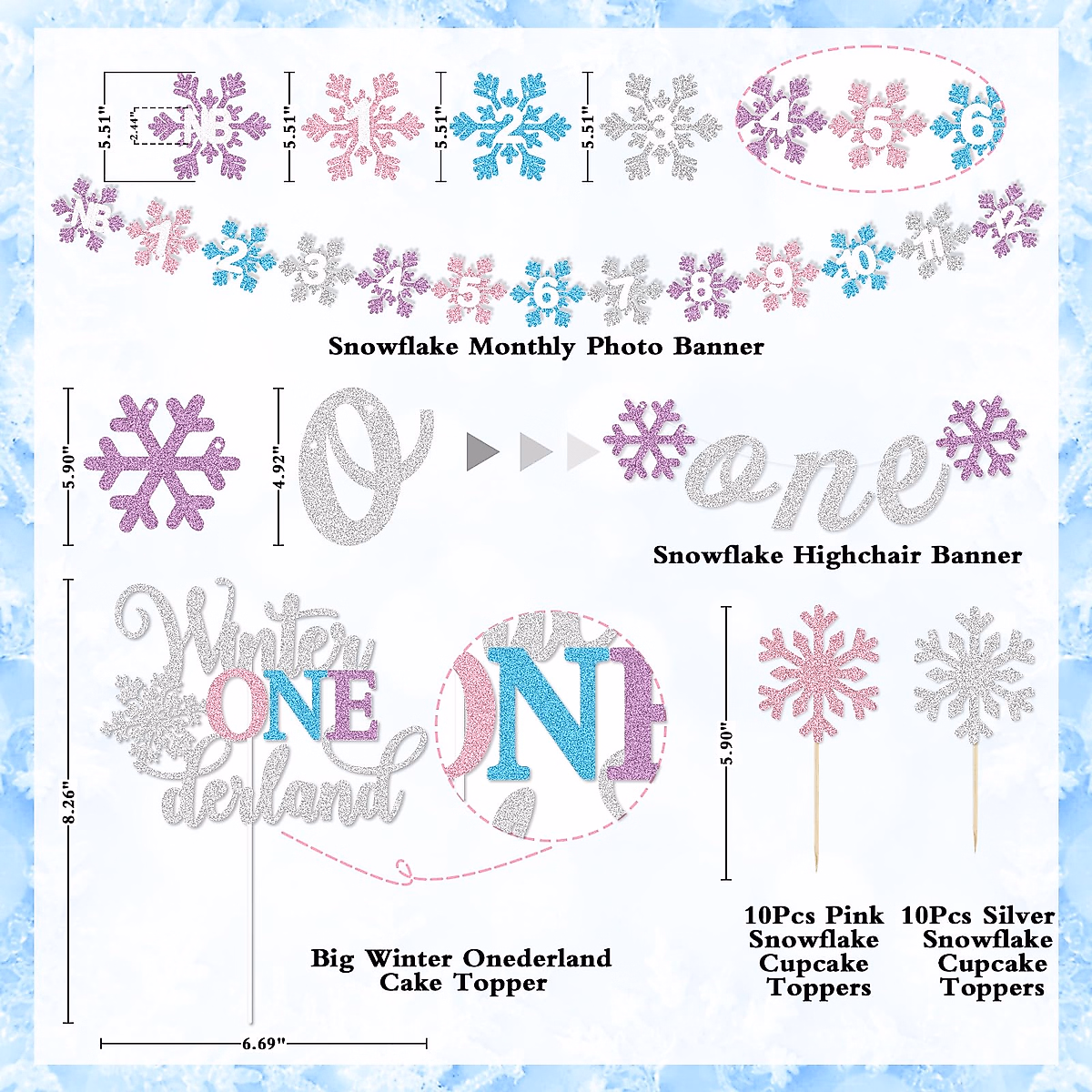 Winter Onederland 1st Birthday Decorations Girl, Winter Onederland Banner, Snowflake Photo Banner Highchair Banner Snowflake Balloon Arch Garland for Winter First Birthday Baby Shower Party Supplies