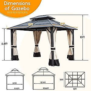Warmally 10'×12' Hardtop Gazebo Double Roof Canopy Gazebo with Netting and Curtains Fast-Splicing Structure Galvanized Iron Aluminum for Patio Backyard Deck and Lawns