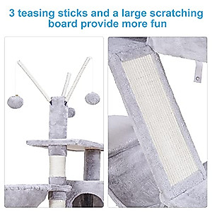 Hey-brother Cat Tree, 61 inch Cat Tower for Indoor Cats, Cat House with Padded Platform Bed, Toy Balls, Large Cozy Condo, Hammocks and Sisal Scratching Posts, Light Gray MPJ019W