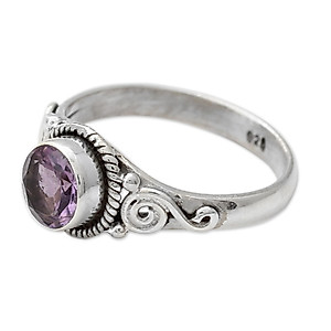 NOVICA Artisan Handmade Amethyst Cocktail Ring Artisan Crafted Silver from India Sterling Purple Single Stone Birthstone [ring Front 0.2 in H x 0.3 in Diam. Band Width 3 mm W] ' Assam Orchid'
