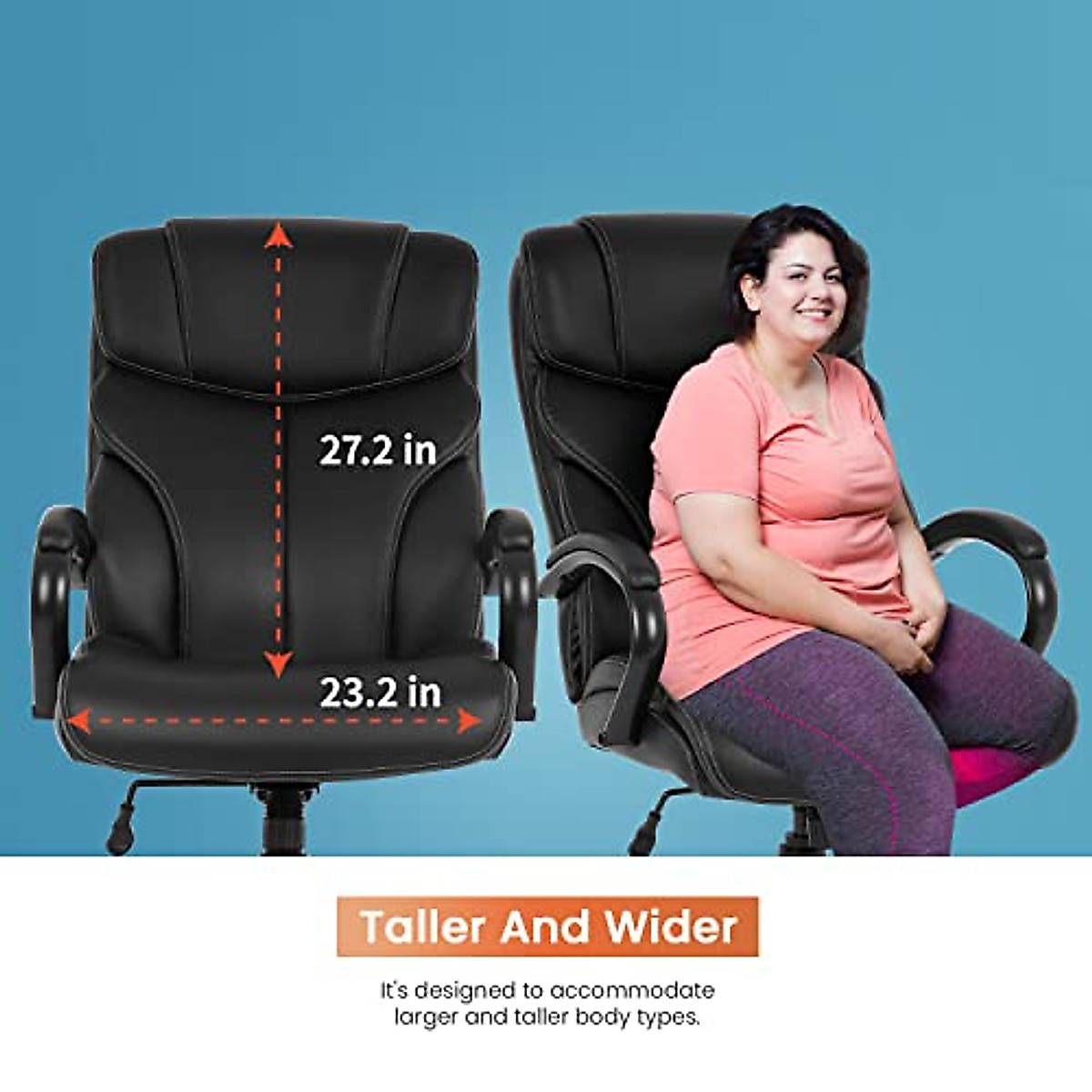 Office Chair Big and Tall 500lbs Wide Seat Desk Chair with Lumbar Support Arms High Back PU Leather Executive Task Ergonomic Computer Chair for Back Pain (Black)