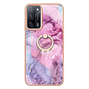 ONV Silicone Case for Oppo A55 5G - Phone Case with Luxury Glitter Metal Ring Marble Painted Stand Case TPU Bumper Protect Cover for Oppo A55 5G / Oppo A53S 5G / Oppo A54 4G / Oppo A16 [Ring] -Pink