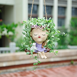 Mrsivrop Hanging Swing Face Planters Pots for Indoor Outdoor Plants, Cute Wall Hanging Planters, Large Unique Head Flower Planter Pots for Outside with Drainage Holes, Purple
