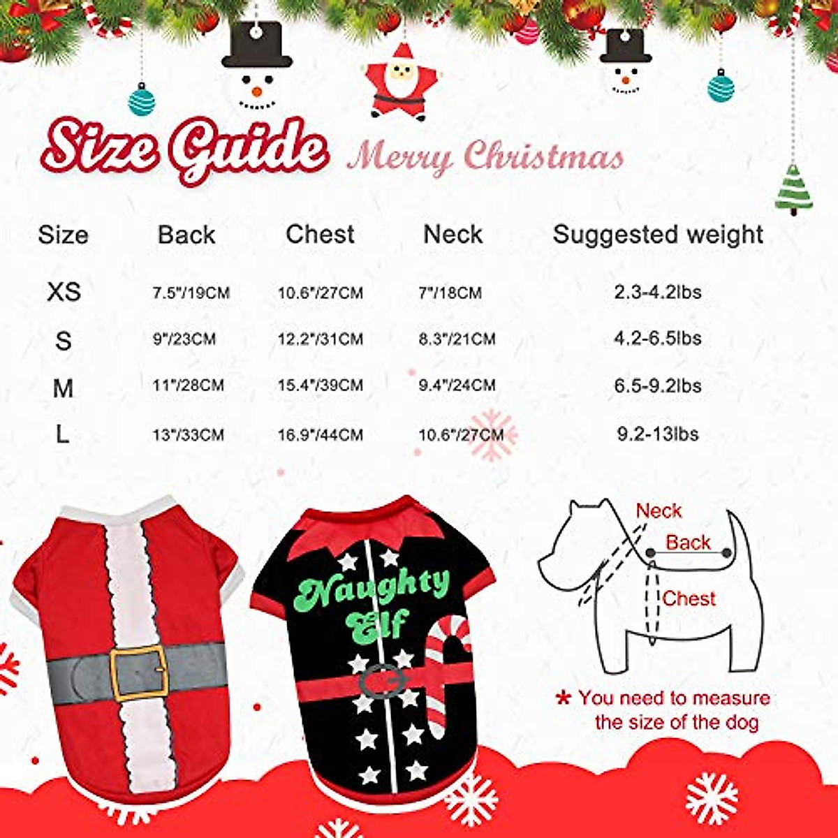 BWOGUE 2 Pack Dog Christmas Shirts Pet Santa & Elf Costume Printed Puppy Shirts Pet Shirts Festive Christmas Themed Soft Dog Clothing for Cats Small Dogs Pupp,XS
