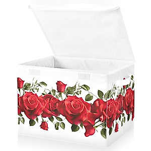 TecEr Red-roses-valentine's Day Large Fabric Foldable Storage Bins with Lids and Handle, Decorative Storage Box Cube for Shelves Closet Home Bedroom Office