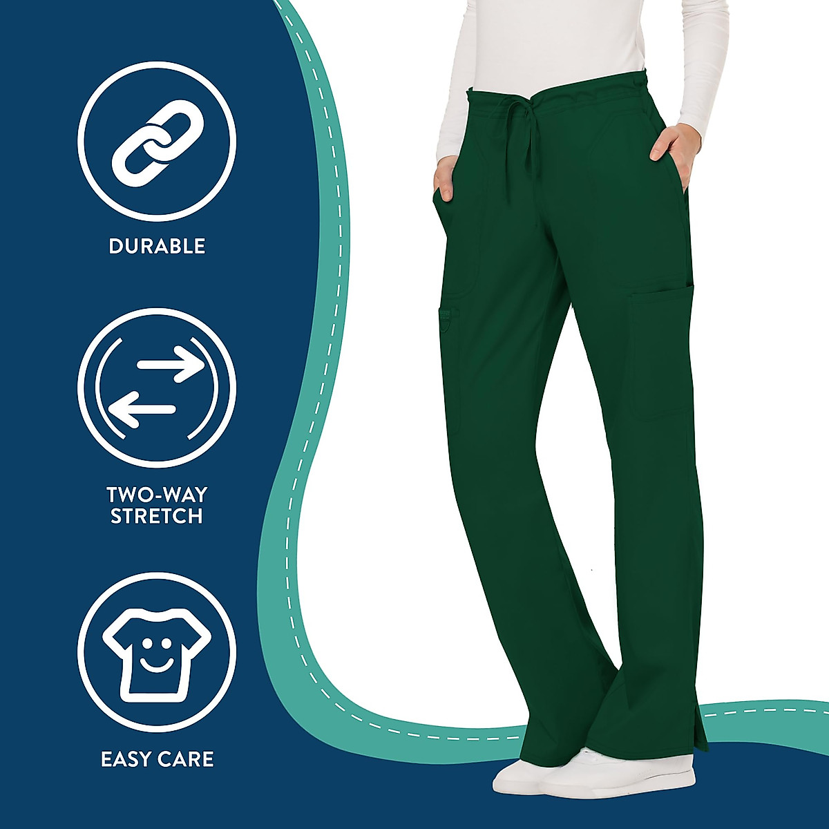 WW Revolution by Cherokee Women's Mid Rise Moderate Flare Drawstring Pant Tall, Hunter Green, X-Small Tall