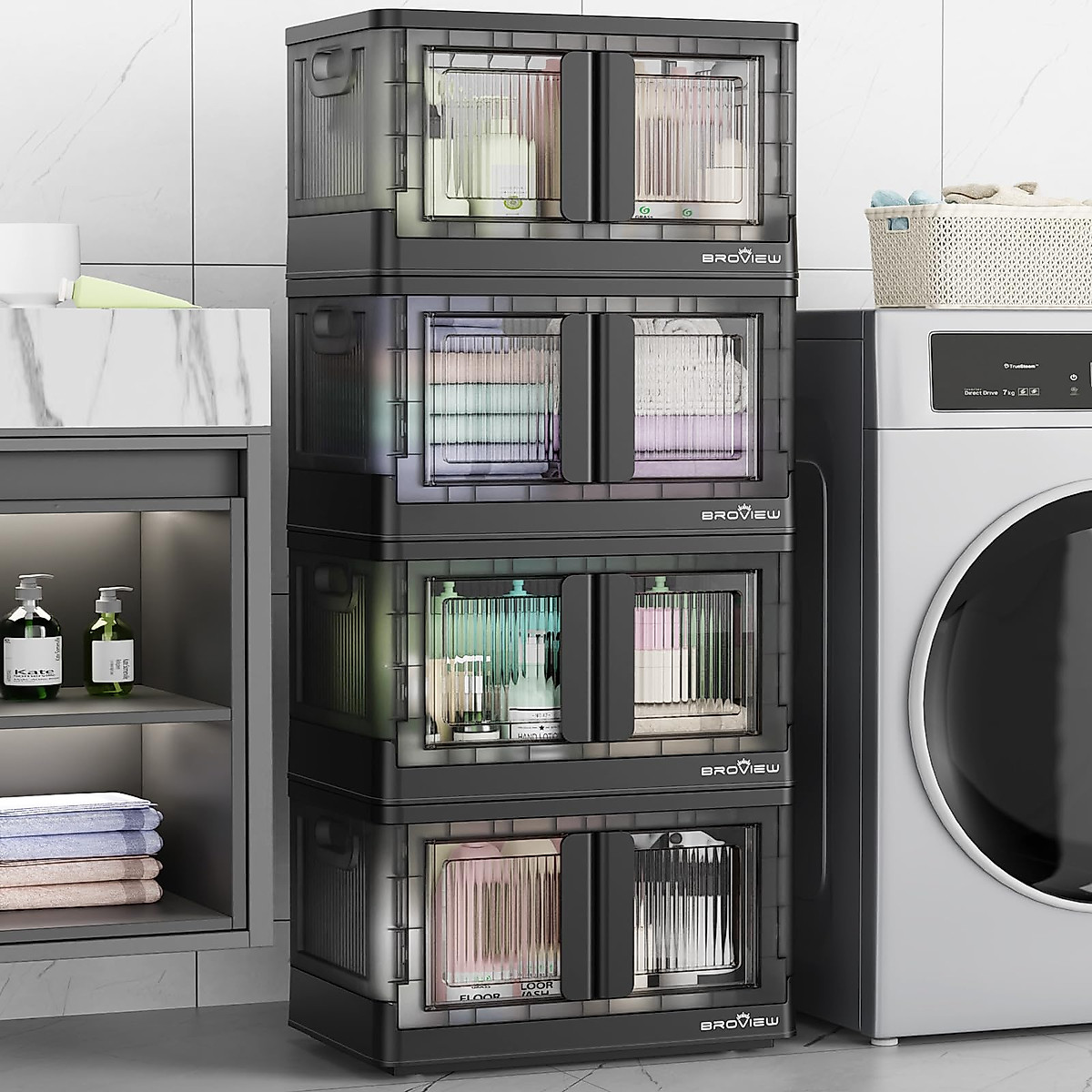 BROVIEW V6 Storage Bins with Lids, 136 QT Stackable Storage Bins with Wheels, Collapsible Storage Bins with Doors, Folding Storage Cabinets for Closet, Home Office Dorm Organizer Essential, Black