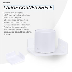 6.5" Corner Shelf Mount for Speakers, Cameras, Baby Monitors, Plants, Books Electronics, Collectibles & More, Adhesive & Screw in Floating Shelves (White) by Brainwavz