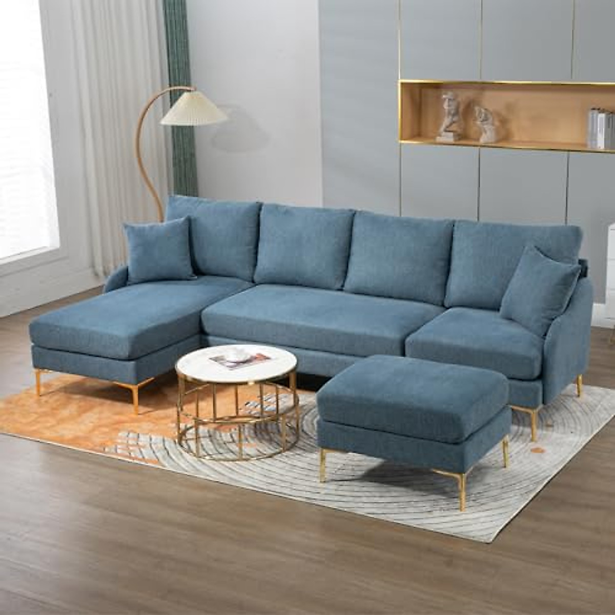 Modern 110'' W U-Shape Sectional Sofa, 4-Seat Sofa Couch with Chaise Lounge and Ottoman, Reversible Left or Right Chaise, Modular Sofa with Golden Metal Legs for Living Room Apartment Office,Blue