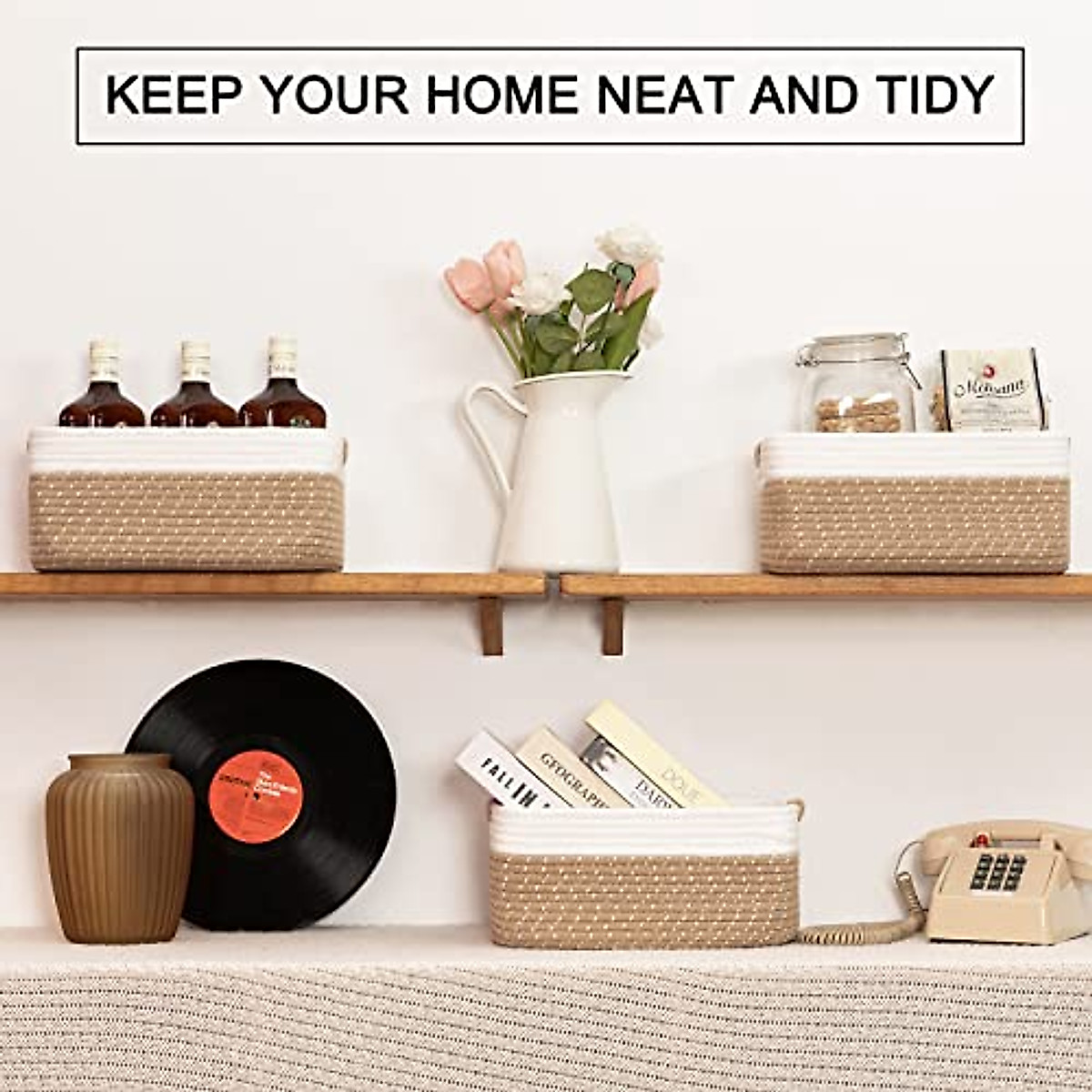 OIAHOMY 12.8x9x5.5in Woven Baskets for Storage, Storage Baskets for Shelves, Cotton Rope basket set of 3, Decorative Storage Baskets, Rectangle Basket With Handles, Brown and White