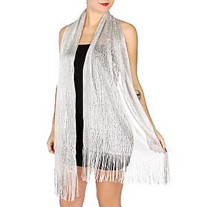 SERENITA Evening Shawl Wrap for Dress. Large Metallic Wedding Bridal Party Fishnet Soft Scarf (Silver)