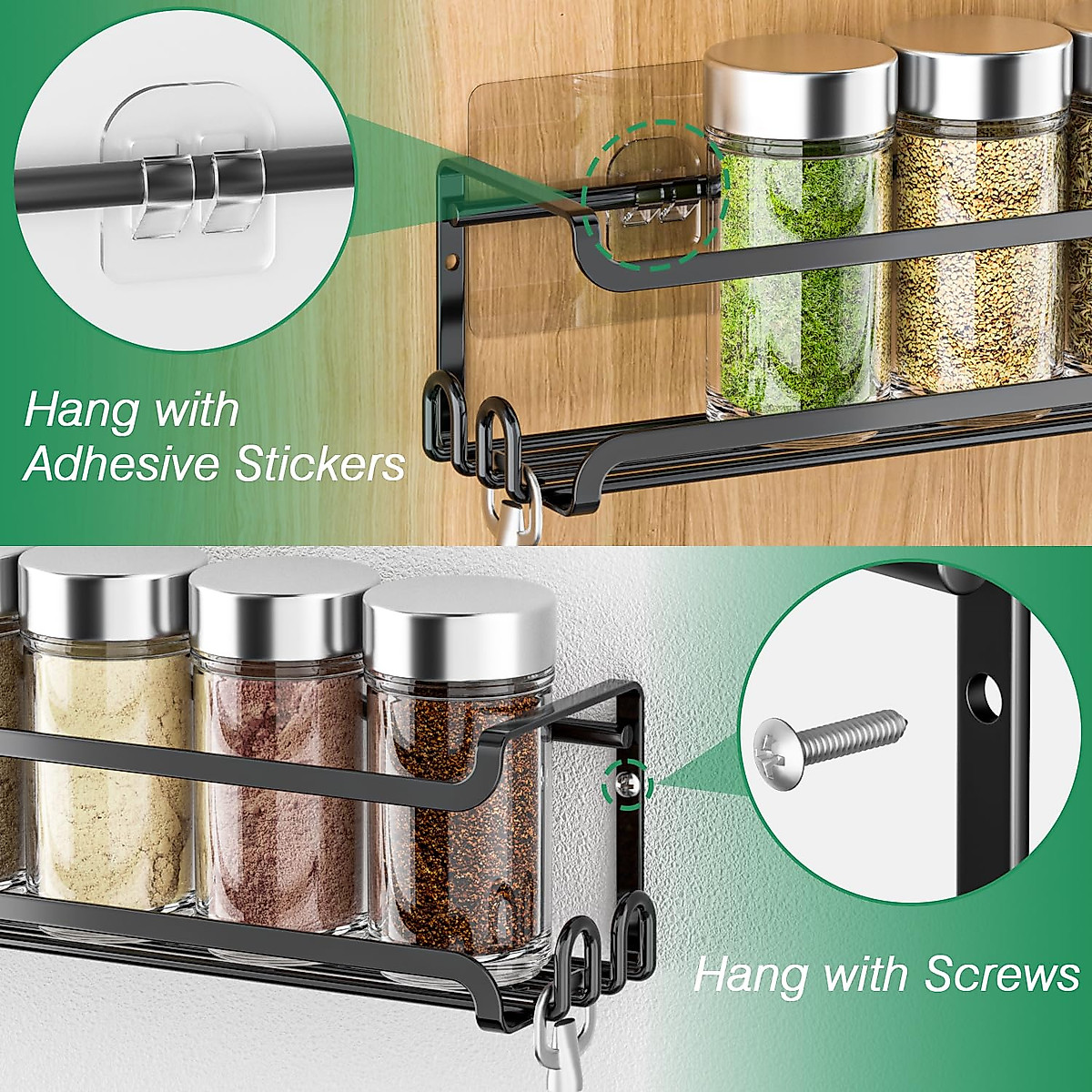LUCYCAZ 4 Pack Wall Mounted Spice Rack with 16 Hooks, Spice Organizer for Cabinet Pantry Door,Screw or Adhesive Spice Shelf Hanging Wall Spice Rack in Kitchen and RV (Black)
