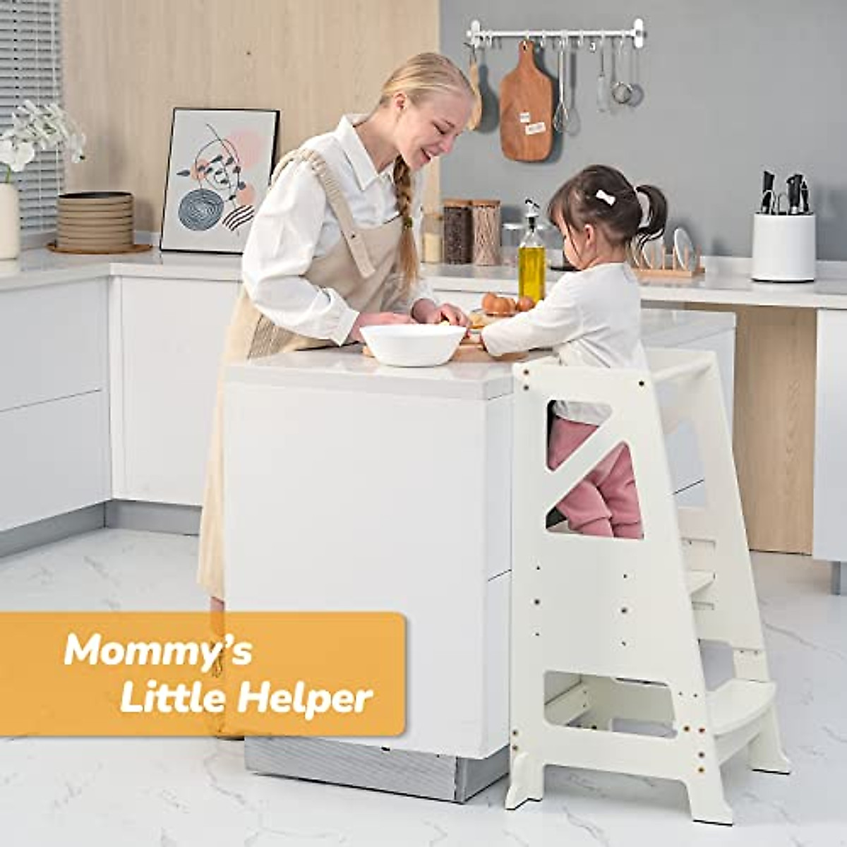 Toddler Kitchen Stool Helper - Toddler Tower with Message Boards & Safty Rail, Adjustable Height Kids Kitchen Step Stool, Chalkboard and Whiteboard, Anti-Slip Protection,Wooden Toddler counter (White)