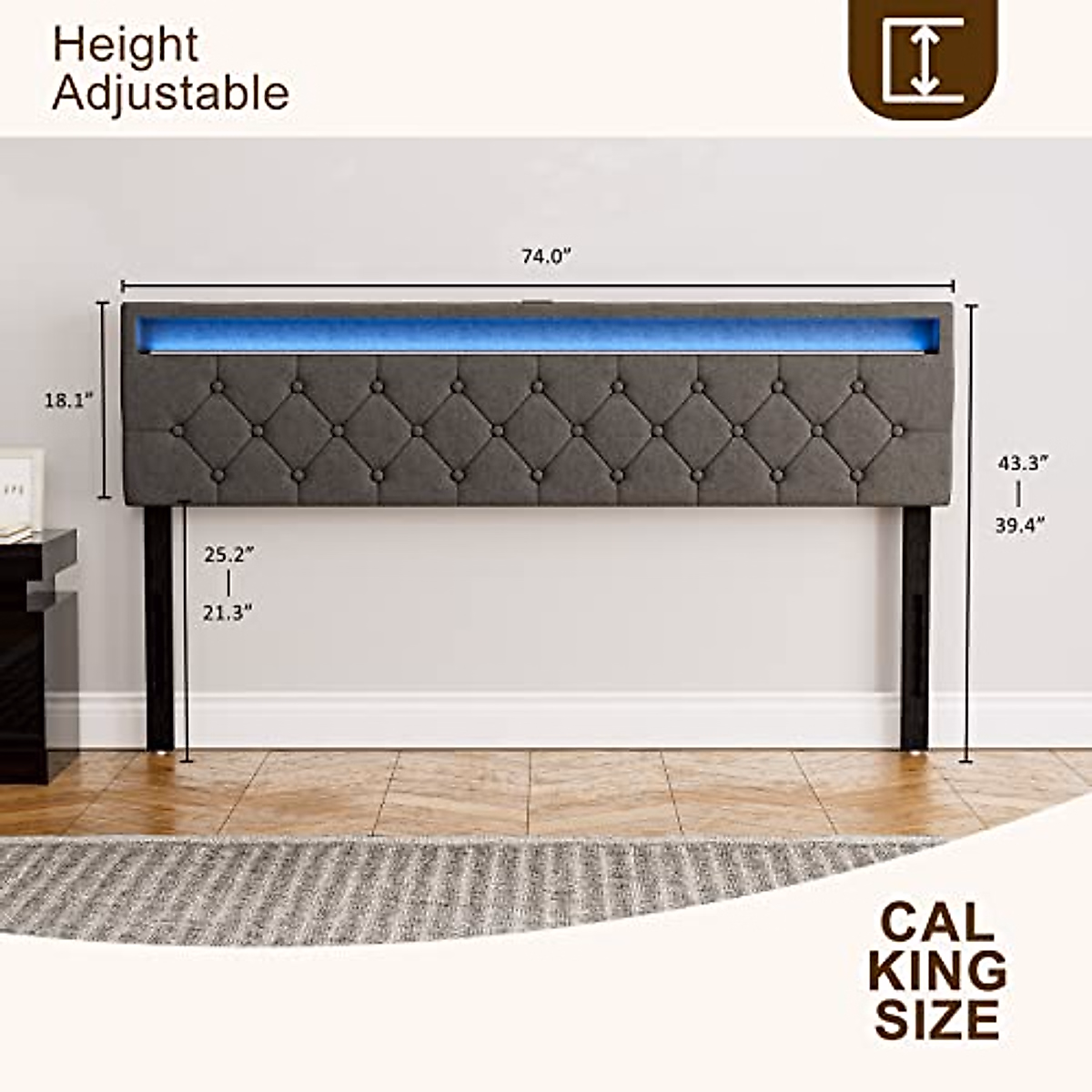 IKIFLY Upholstered California King Size LED Headboard with LED Lights & 2 USB Ports - Adjustable Height - Button Tufted Linen Fabric Padded Headboard Only, Easy Assembly - Dark Grey/Cal King