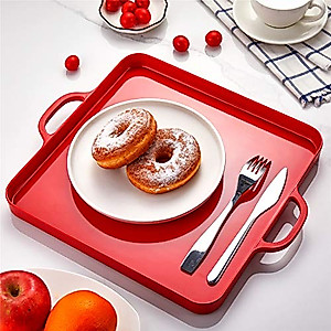 HSDT Square Serving Trays with Handles Melamine Red 12.5x12.5 Inch Spill Proof Kitchen Eating Trays Set of 2 for Cafeteria Cafe Food Appeizer Dessert Snack Dinner Lunch Breakfast,TR17-02