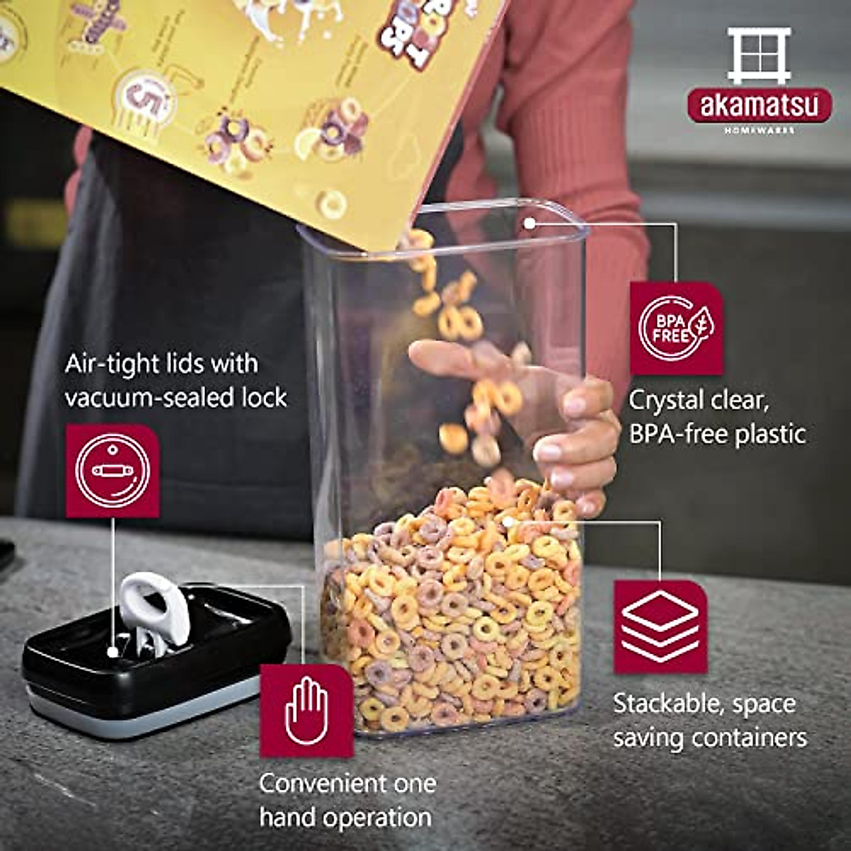 Akamatsu Homewares Set of 4 Extra Large Stackable Food Storage Containers with Airtight Sealable Lids - 110oz Kitchen Canisters for Flour Sugar Cereal Pasta Rice Dry Food - Pantry Organization and Storage - Space Saving - Rodent Proof - Smell Proof