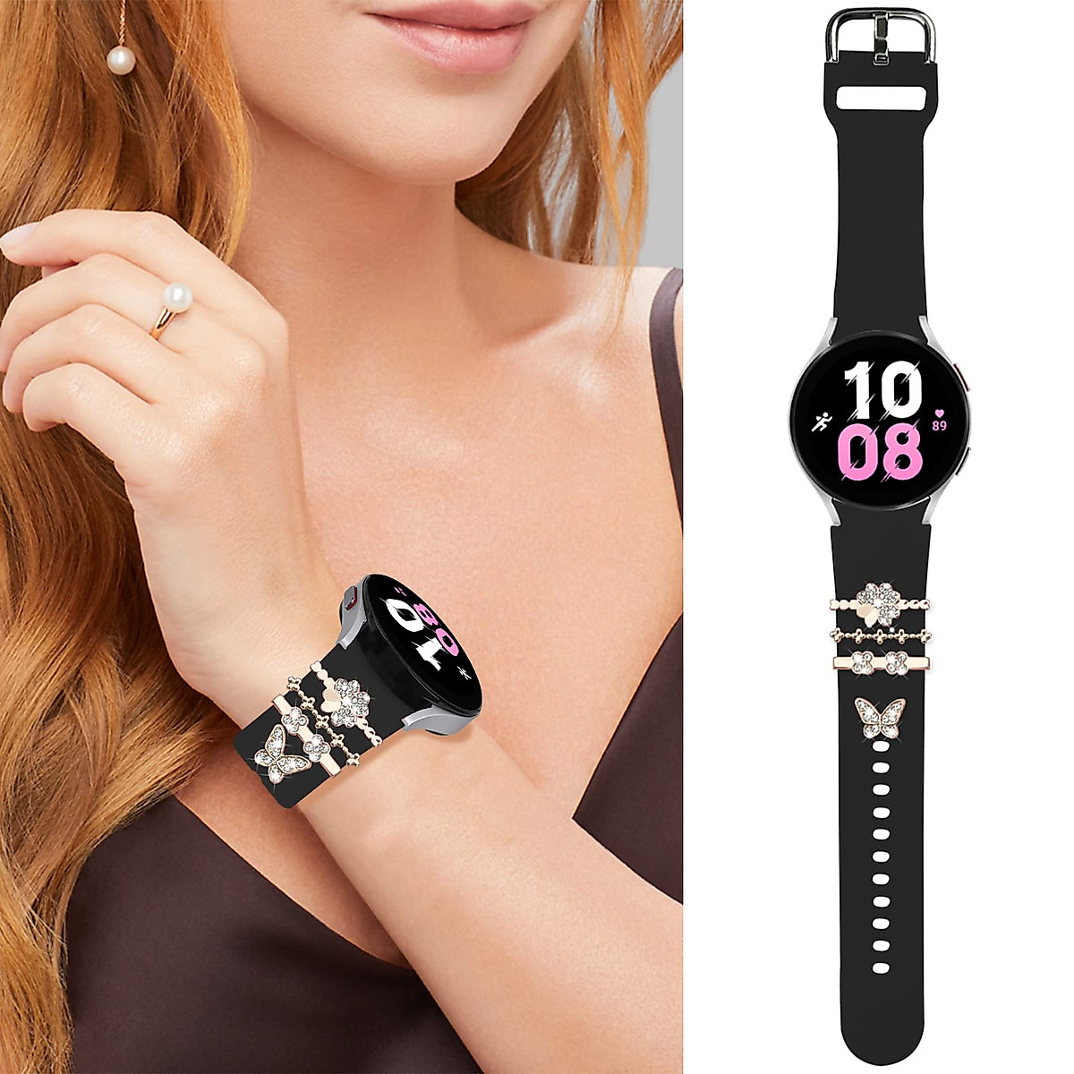 Kakurookie Band for Samsung Galaxy Watch 7 6 5 4 Band with Charms, Women Silicone Band with Metal Diamond Charms Accessories for Watch 6 Classic /Watch 5 Pro/Watch 4 Classic 47mm 46mm 44mm 43mm 42mm 40mm