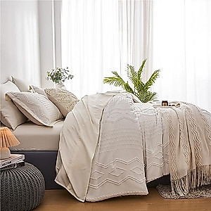 sponwilar Queen Comforter Set 7 Pieces Boho Bed in a Bag, Geometric Textured Tufted Bed Set, Soft Microfiber Lightweight Bedding Set for All Season(Cream, Queen)