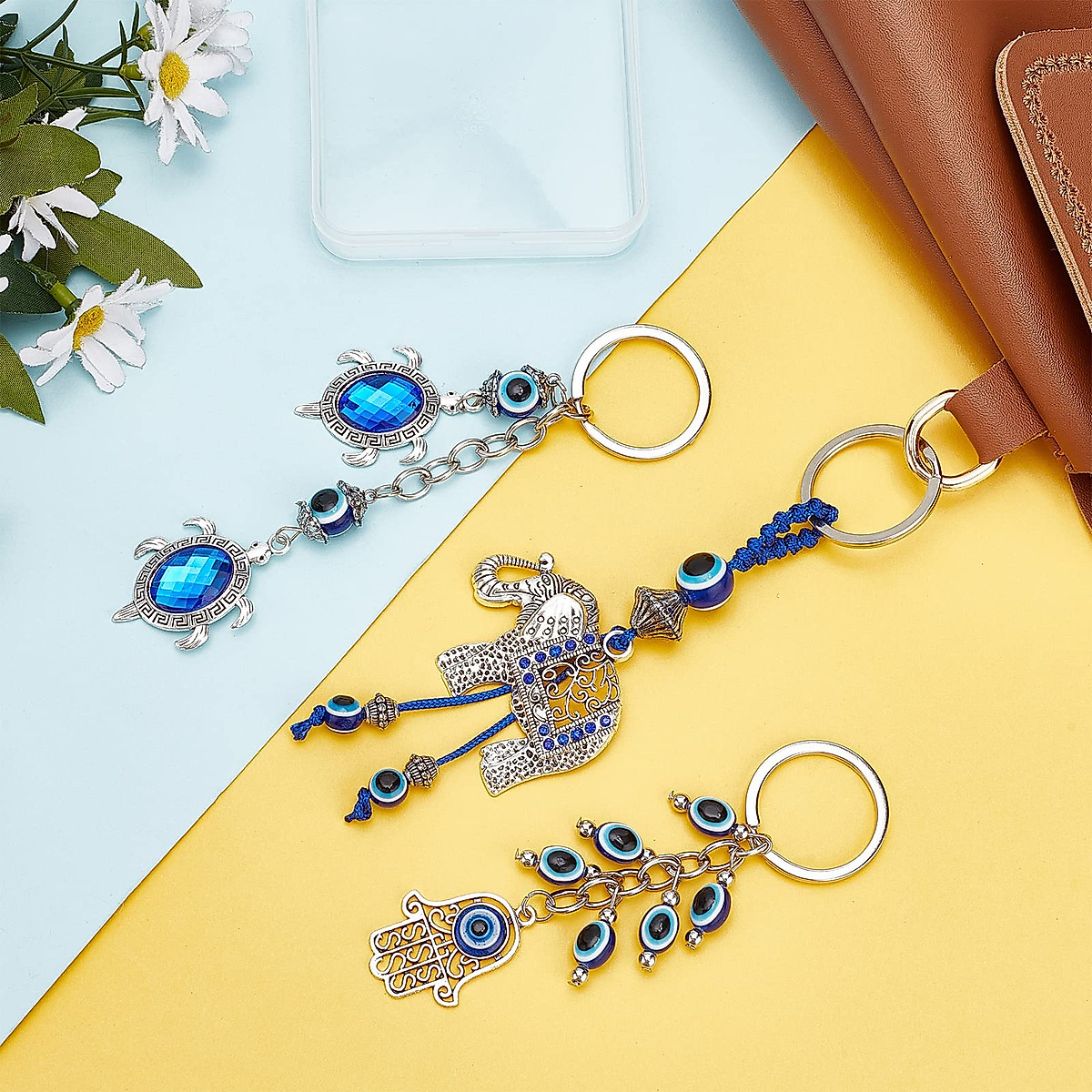 PLIGREAT 3 Pcs Evil Eye Amulet Lucky Charm Keychain, Decorative Car Hanging Ornament Elephant Turtle Hamsa Hand Charms Key Rings Inspirational Keychain Gifts for Family Women Bff Colleagues