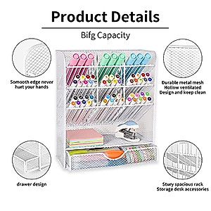 Spacrea Pen Holder Desk Organizer - Desk Organizers and Accessories, Pencil Holder with 10 Compartments and 1 Drawer（White）