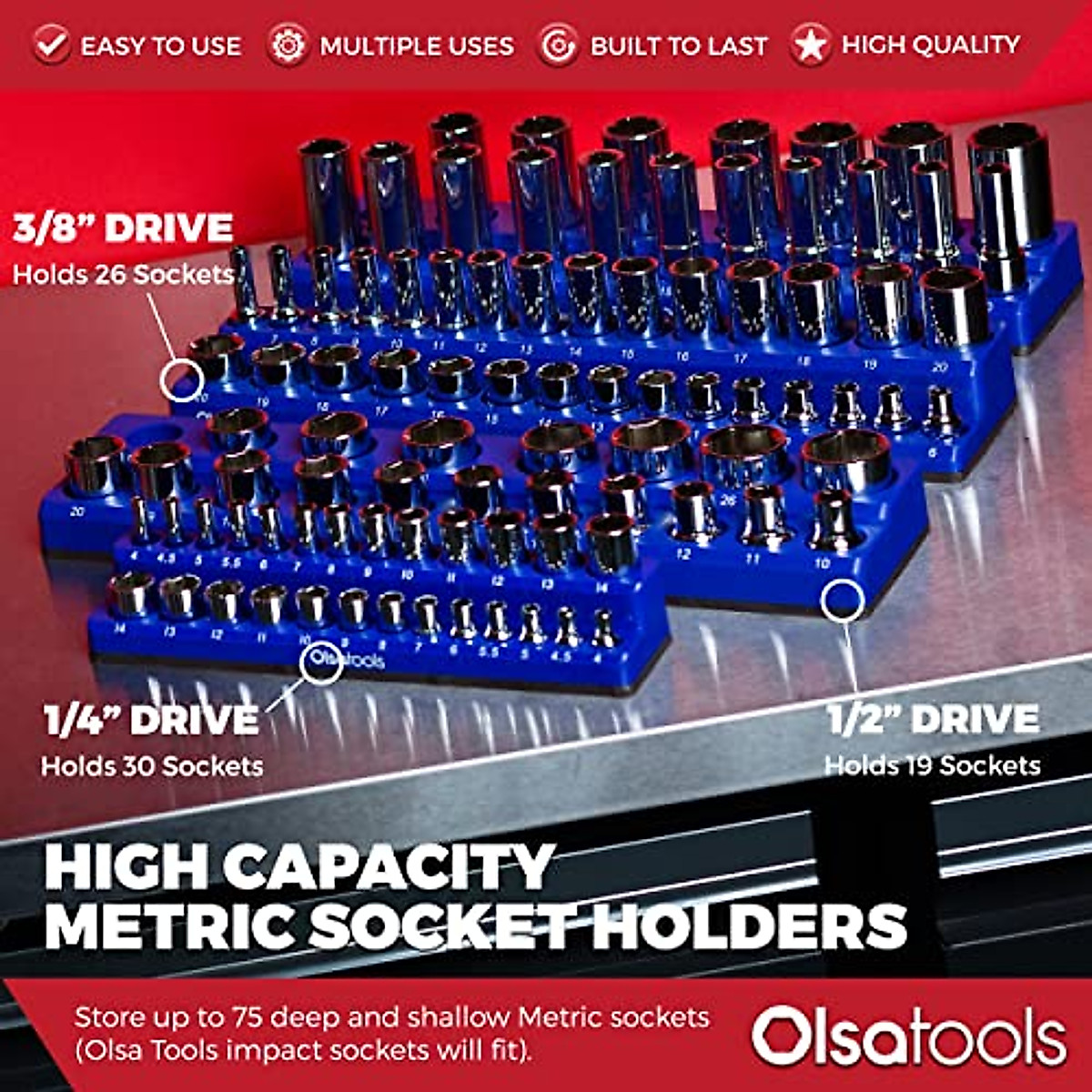 Olsa Tools Magnetic Socket Organizer | 3 Piece Socket Holder Kit | 1/2-inch, 3/8-inch, 1/4-inch Drive | Metric Blue | Holds 75 Sockets | Professional-Grade