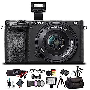 Sony Alpha a6300 Mirrorless Camera with 16-50mm Lens Black ILCE6300L/B with Soft Bag, Tripod, Additional Battery, Rode Mic, LED Light, 64GB Memory Card, Card Reader, Plus Essential Accessories