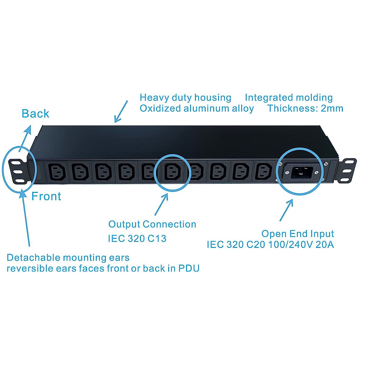 WatchfulEyE WTH-CS/PDU-C13-E (US121052E) Heavy Duty Metal 1U Rack Mount PDU, Inlet C20 20A 120/240V Open end (Without Extension Cord), Outlet C13 x10 Ports