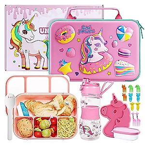 QearFun Insulated Unicorn Lunch Bag Bento Box for Girls,Lunch Box Set with 4 Compartment Bento Box Water Bottle Ice Pack Salad Container Food Picks,Perfect Kids Lunch Boxes for School Age 7-15