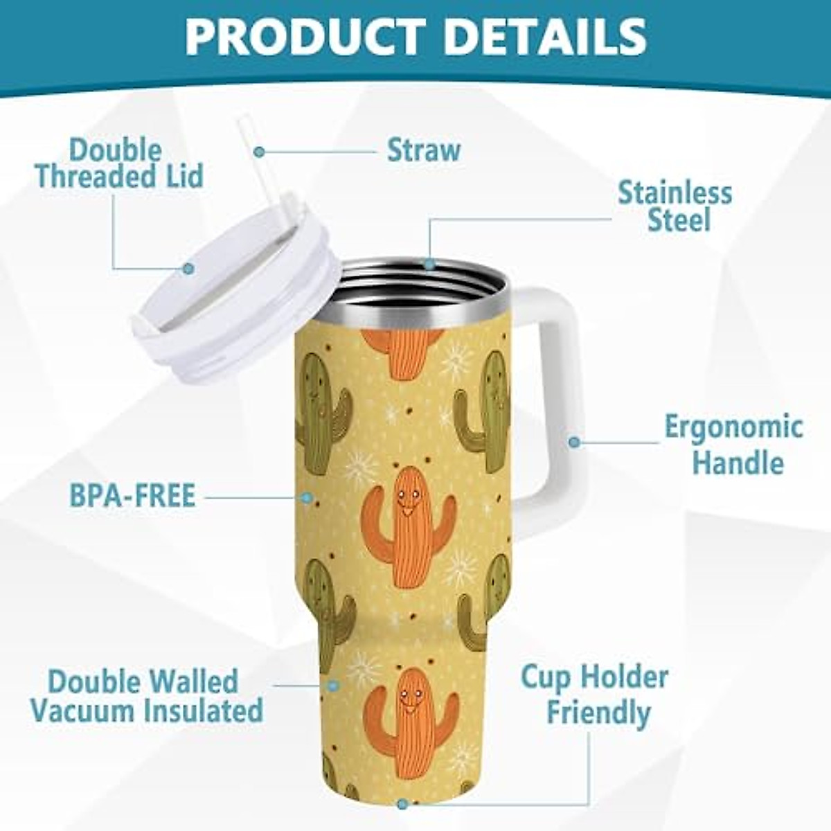 ODAWA Large Travel Insulated Tumblers with Handle and Straw, Mexican Cactus Double Wall Insulated Tumbler