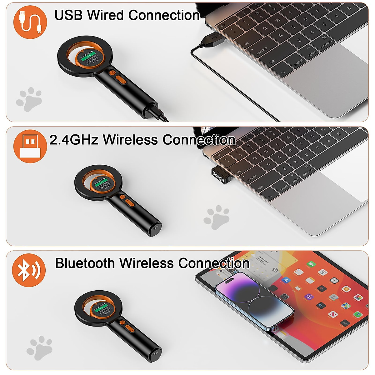 Pet Microchip Scanner,Alacrity 3-IN-1 Connections(2.4GHz Wireless+Bluetooth+USB)Animal Universal Microchip Tag Reader Scanner with 1.44” TFT Screen,800mA*H Rechargeable Battery,240 Pieces Data Storage