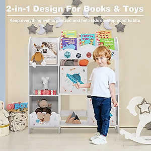 HONEY JOY Kids Toy Storage Organizer, Wooden Storage Unit with 2 Storage Boxes, Toddler Storage Display Bookshelf Daycare Furniture for Playroom, Children’s Room, Living Room(Planet)