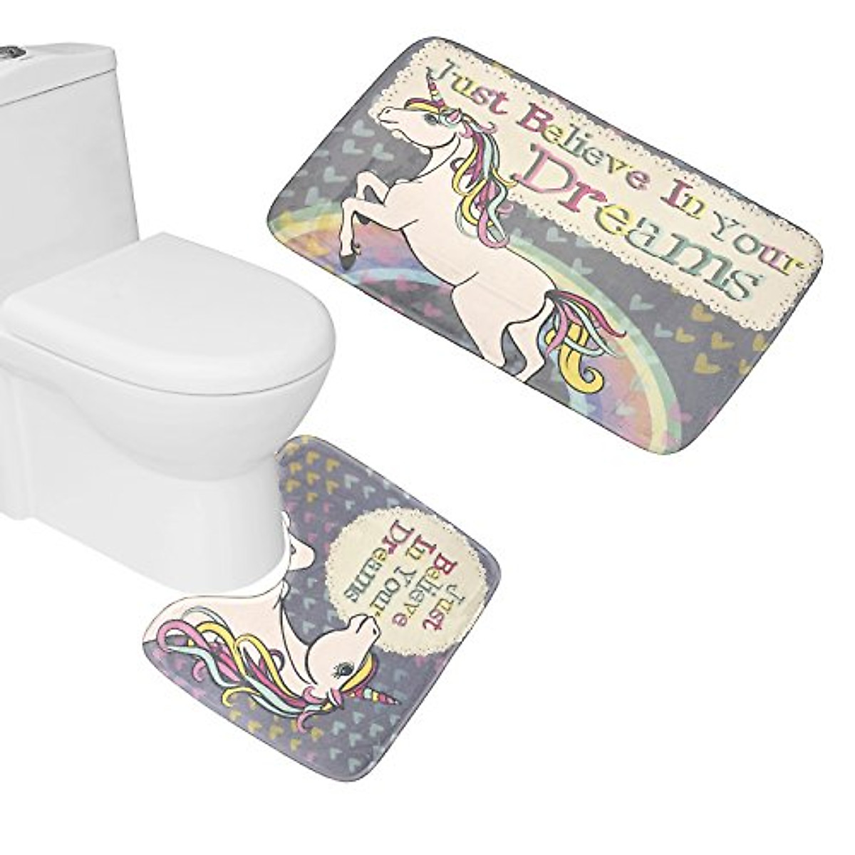 Amagical Teen Girls Decor Bathroom Mat Set Shower Curtain Set 3Piece Unicorn with Believe in Your Dreams Bathtub Mat Contour Mat Fabric Shower Curtain