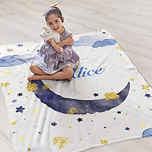 Custom Baby Blanket with Name for Boys Girls, Personalized Soft Flannel Baby Blanket, Customized Gifts for Newborn Baby Shower Kids Birthday - Blue Moon 40X50inches